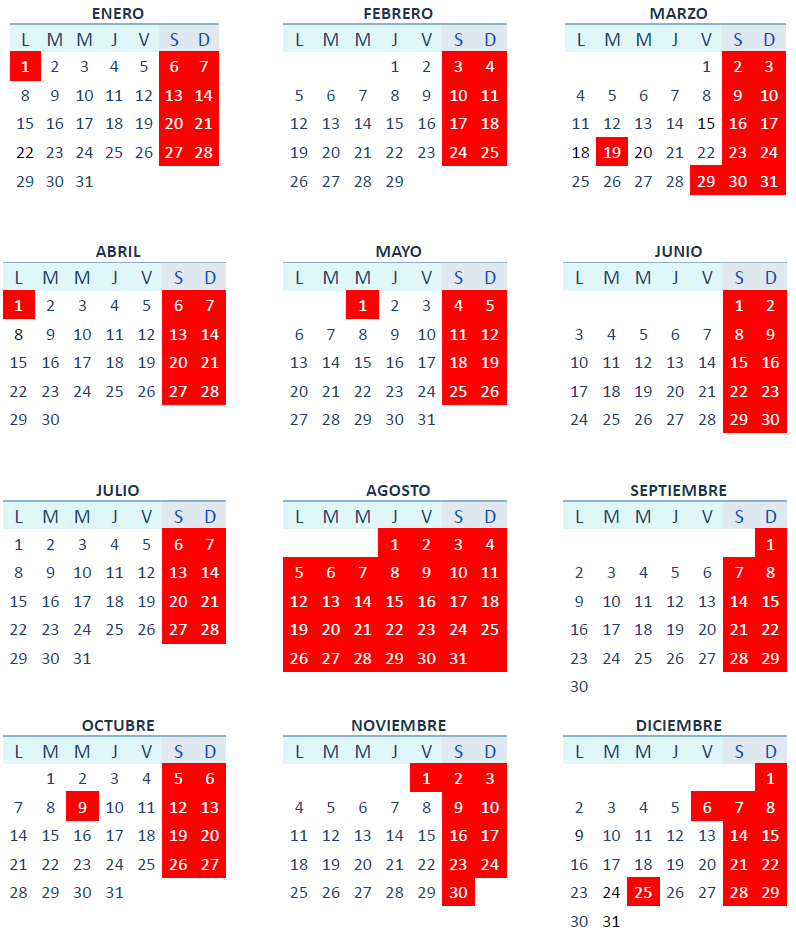 Calendario de días inhábiles